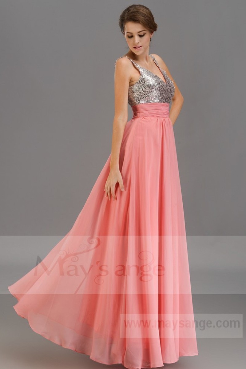 Longue robe de soirée Manon corail avec bustier argenté - Ref L207 ... Longue robe de soirée Manon corail avec bustier argenté - Ref L207 ...