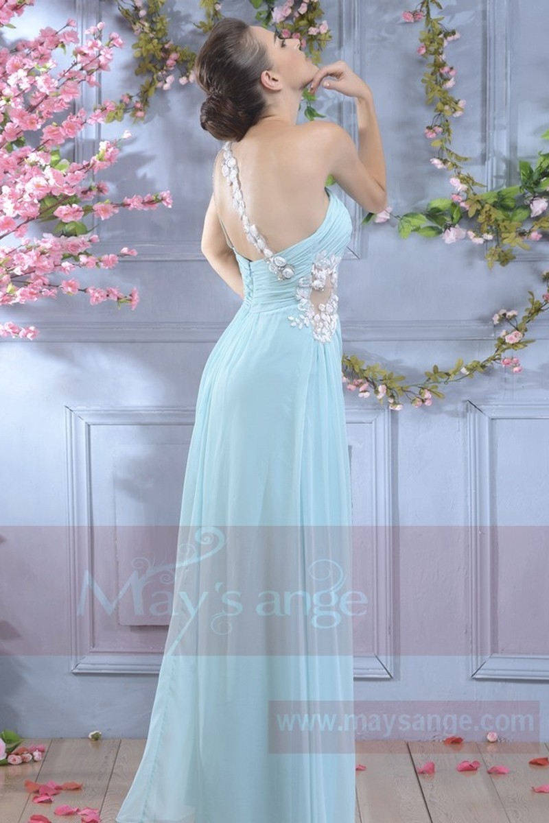 Long Cocktail Dress Light Blue Color With Single Floral Strap