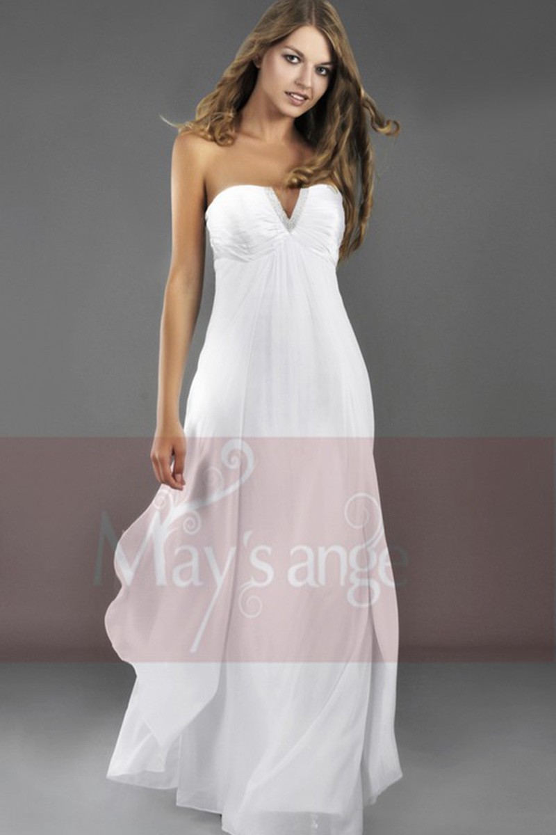 Strapless White Cocktail Dress In Chiffon Fabric With V Rhinestones