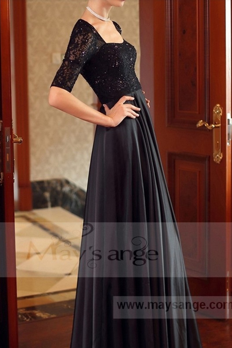 Long Sleeve Black Satin Formal Dresses With Shiny Lace Top