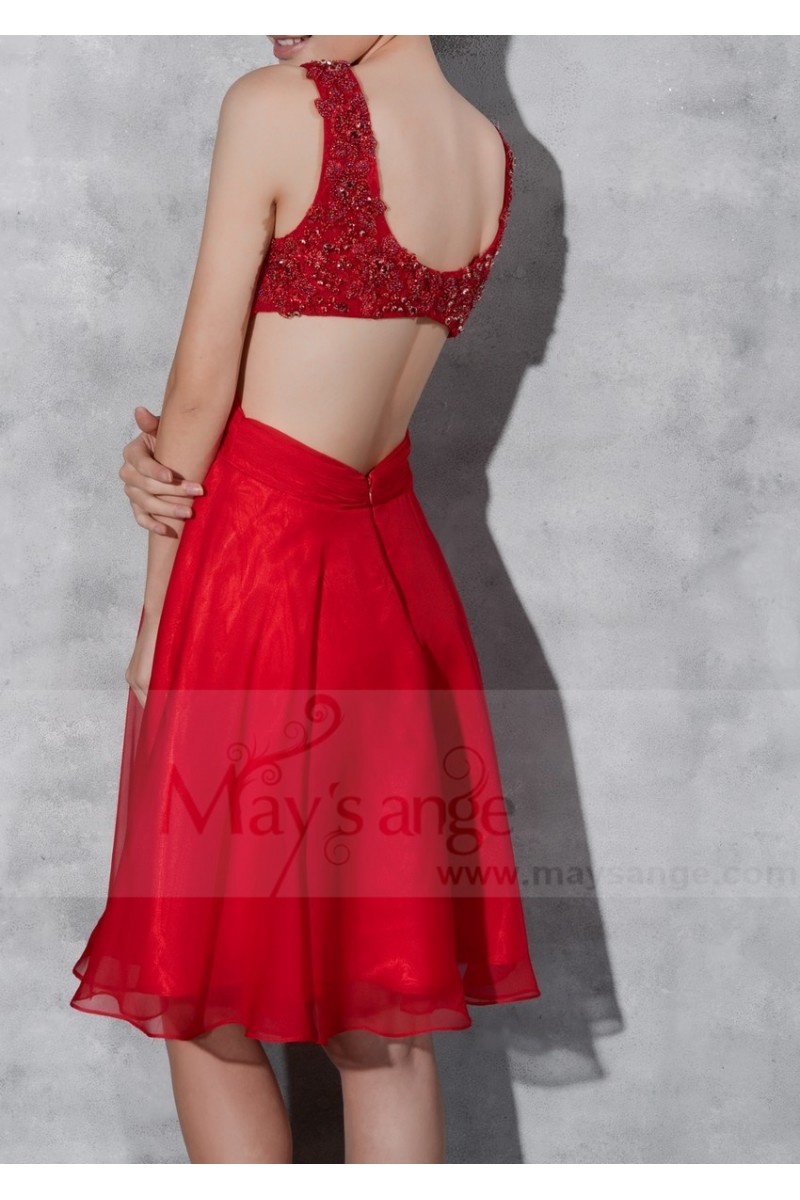 Short Open-Back Red Cocktail Dress With Imbroidered Straps