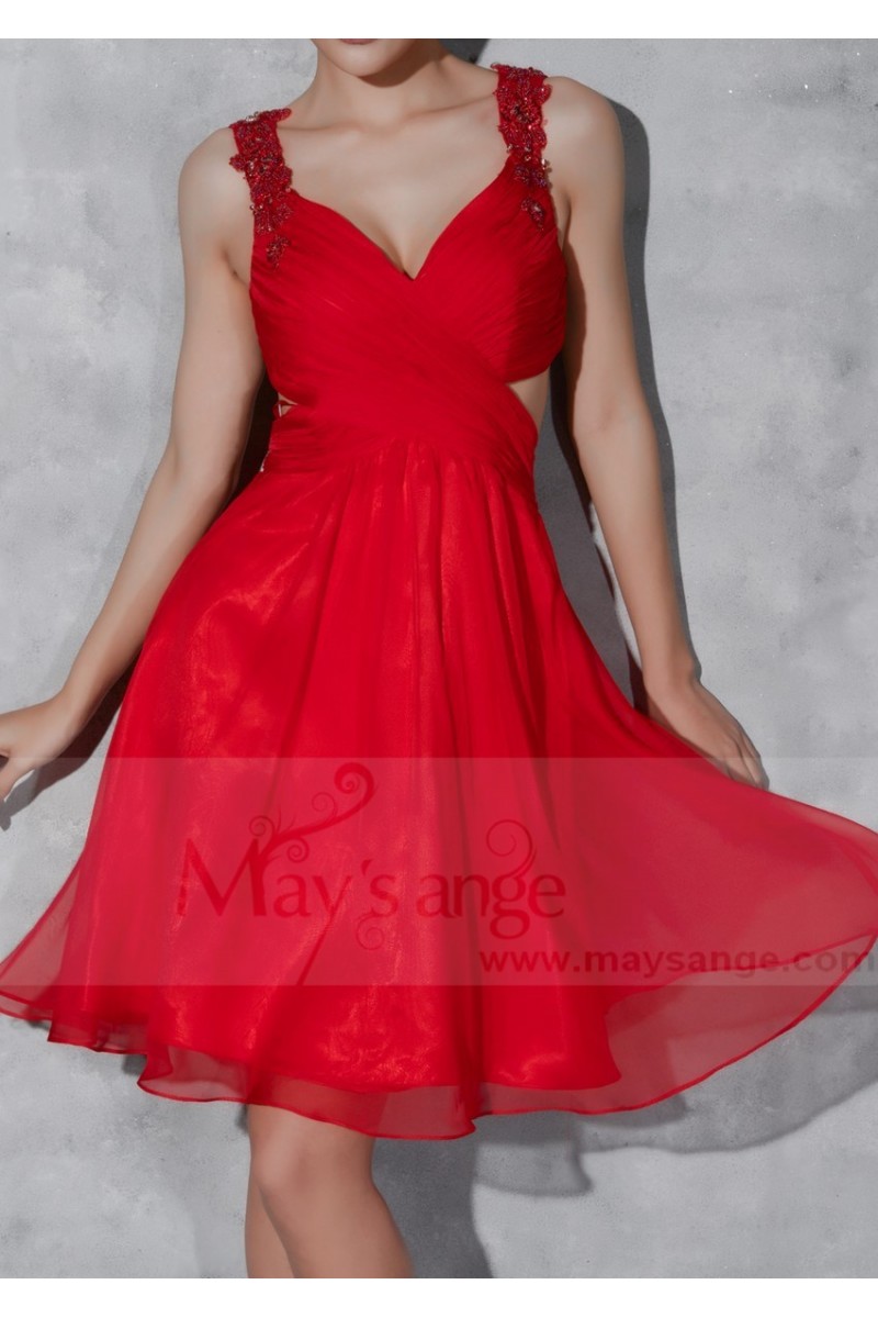 Short Open-Back Red Cocktail Dress With Imbroidered Straps