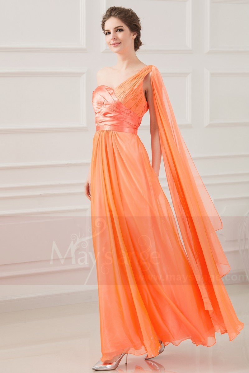 One Strap Long Orange Summer Dress With a Cascade Detail