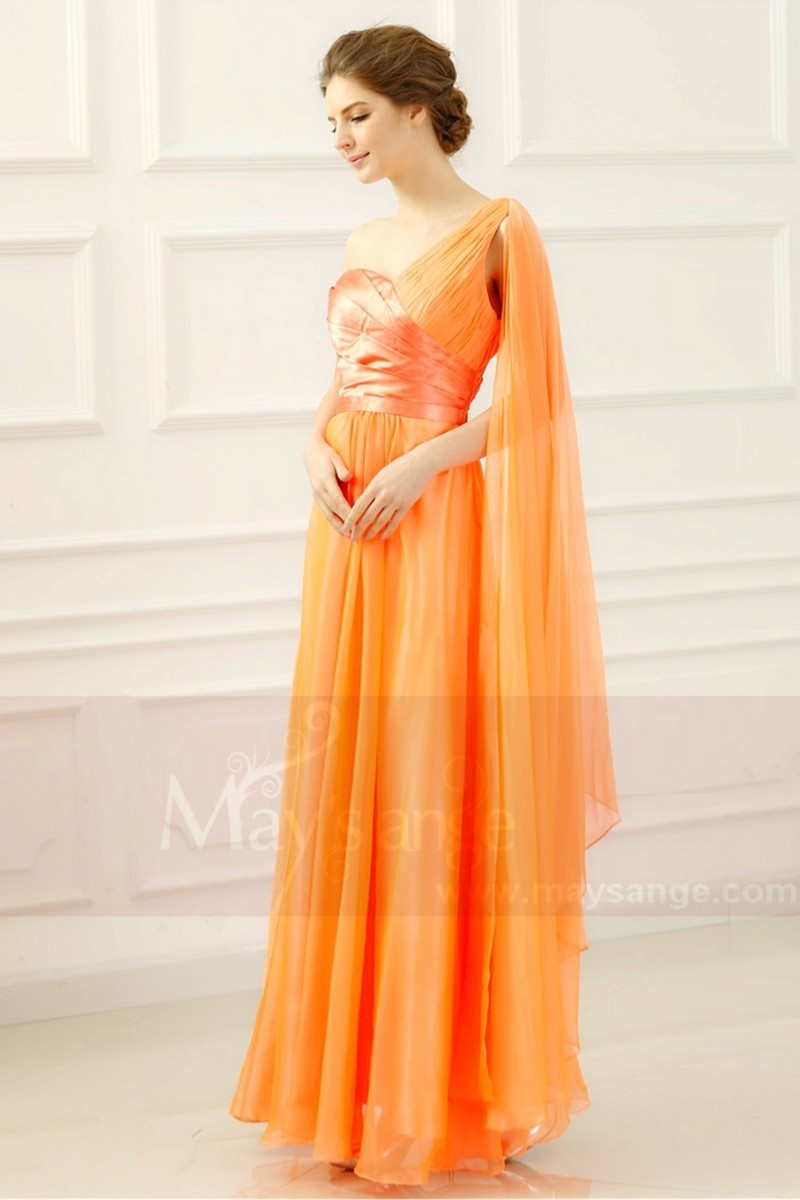 One Strap Long Orange Summer Dress With a Cascade Detail