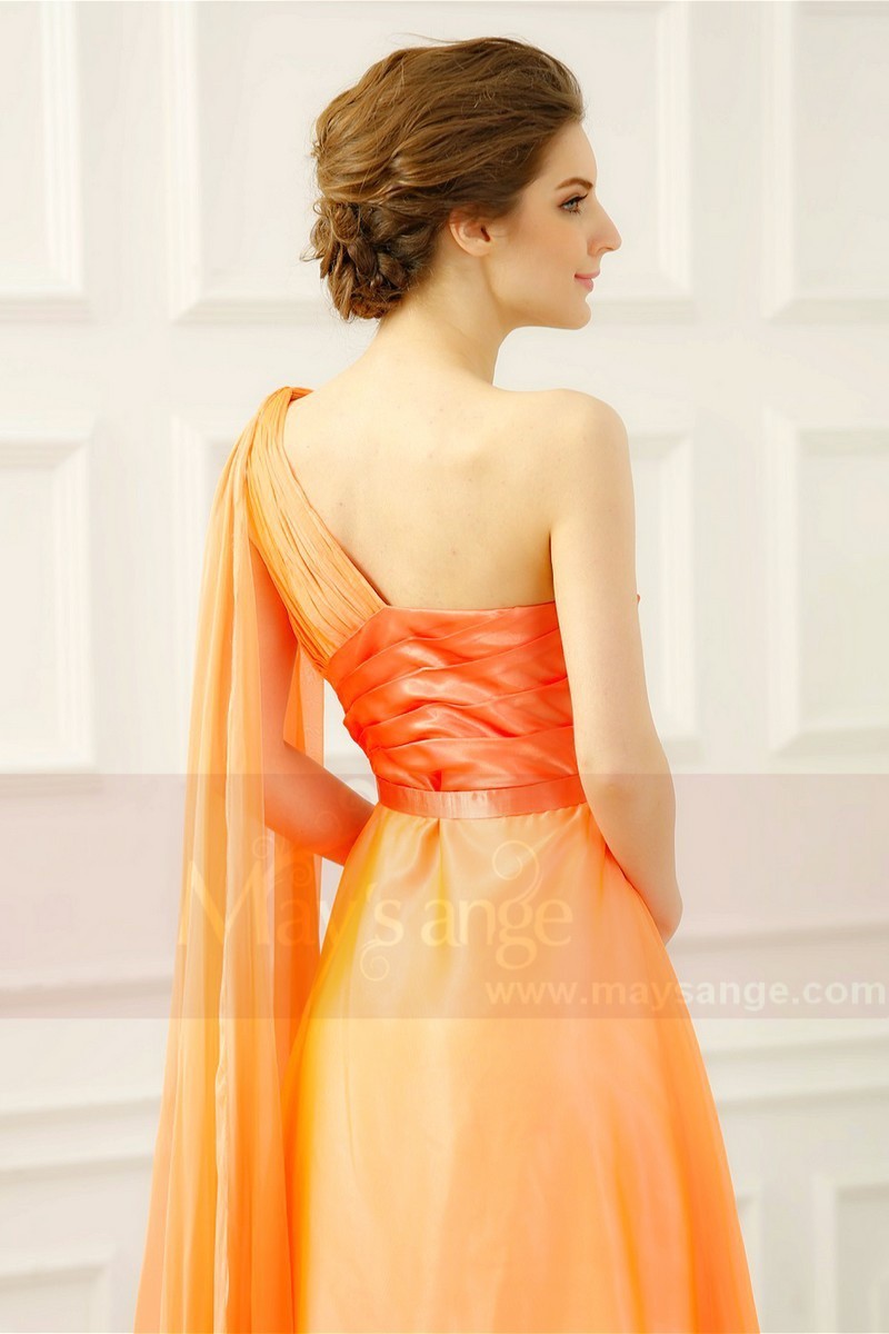 One Strap Long Orange Summer Dress With a Cascade Detail