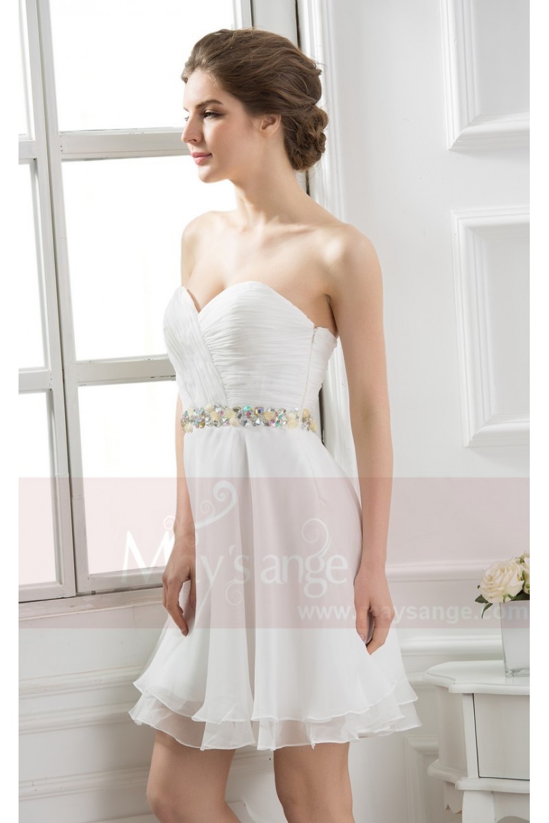 White Strapless Cocktail Dress Shiny Multicolor Stone Belt