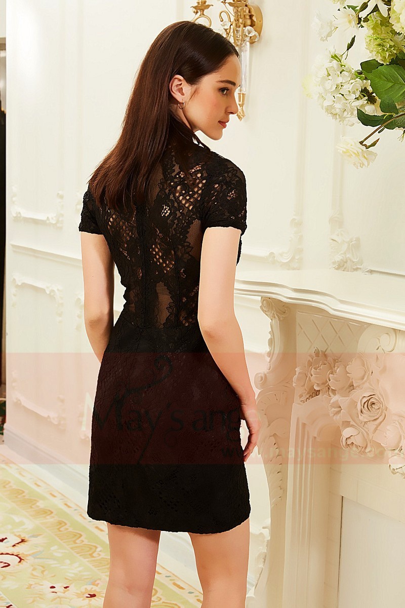 robe de cocktail noire en dentelle col montant belle coupe ajuste - Ref ...