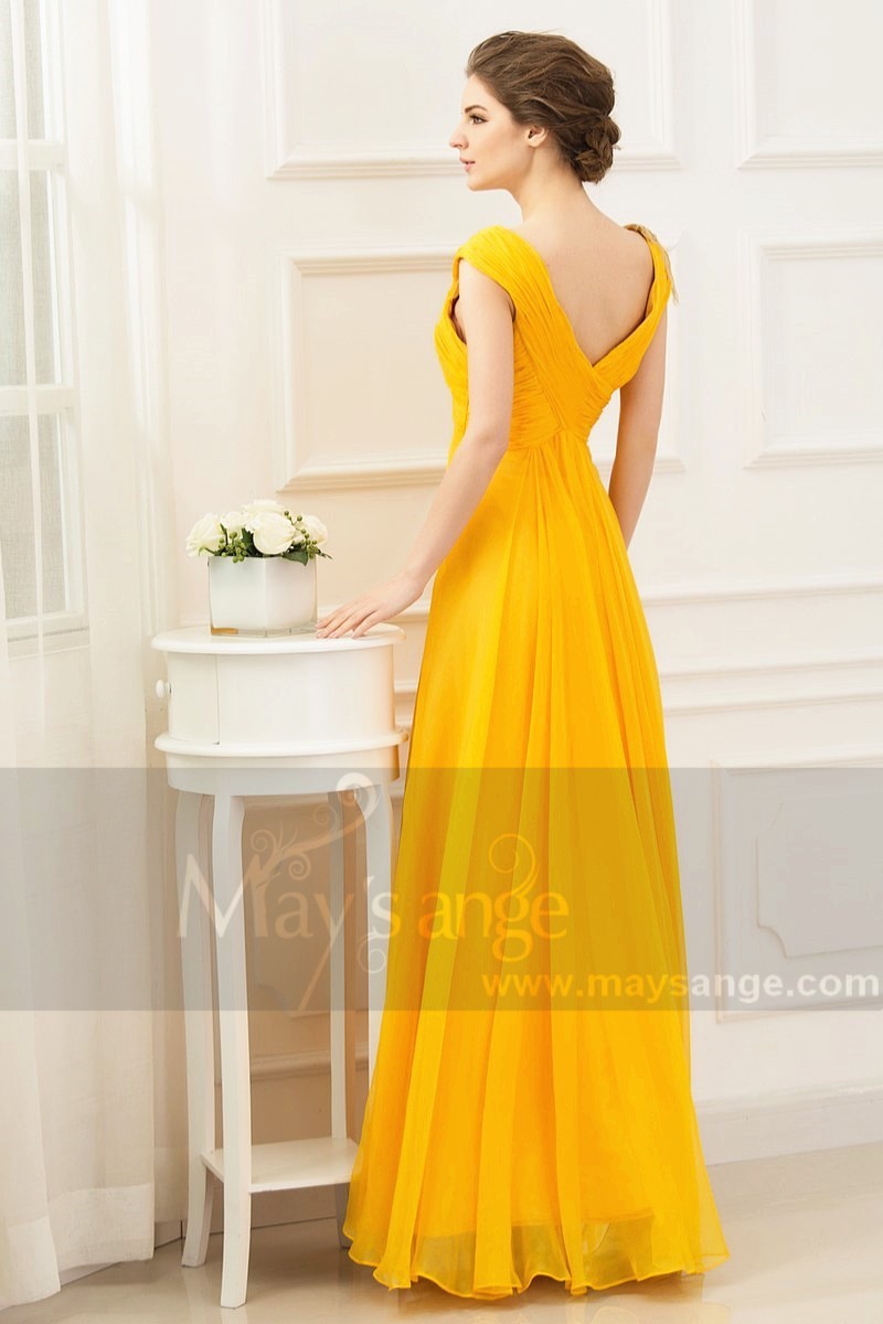 Long Chiffon Yellow Evening Dress V Neck With Golden Flower