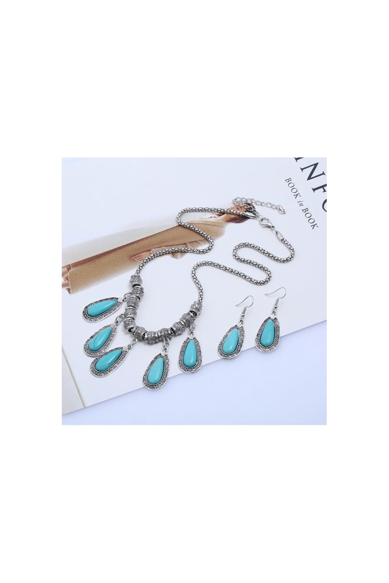 Ensemble bijoux fantaisie pierre bleue - Ref F005 - Collier pendentif femme