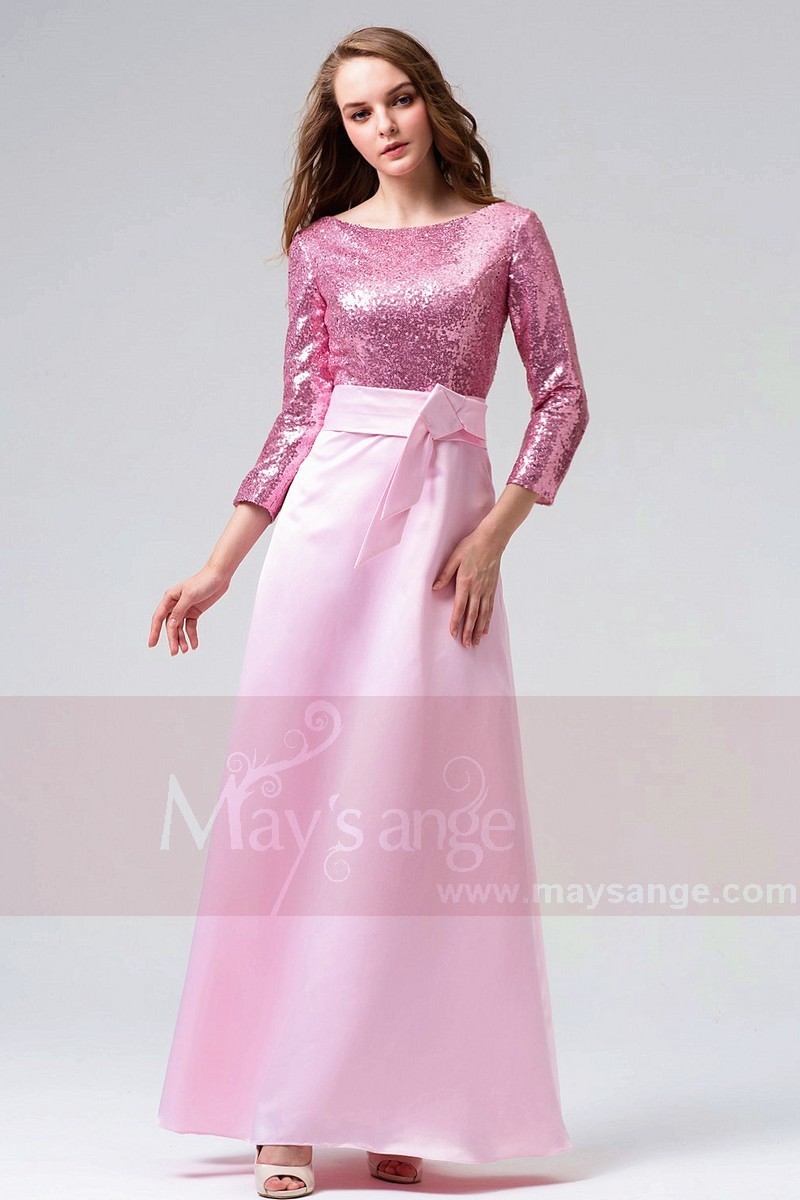 Beautiful Sequined Pink Gala Night Dress With Long Sleeves