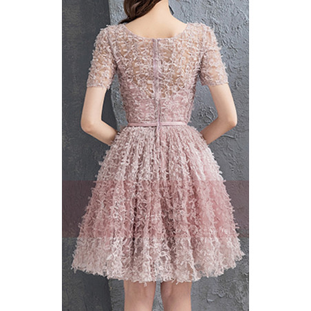 Pink Lace Party Dress With Short Sleeves