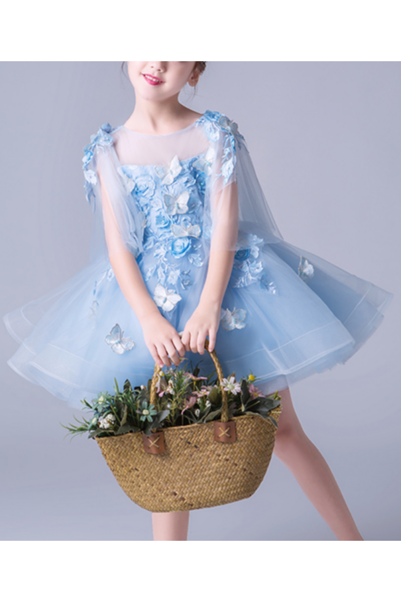 Girls Blue Party Dress With Cascading Flowers