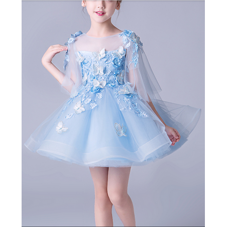 Girls Blue Party Dress With Cascading Flowers